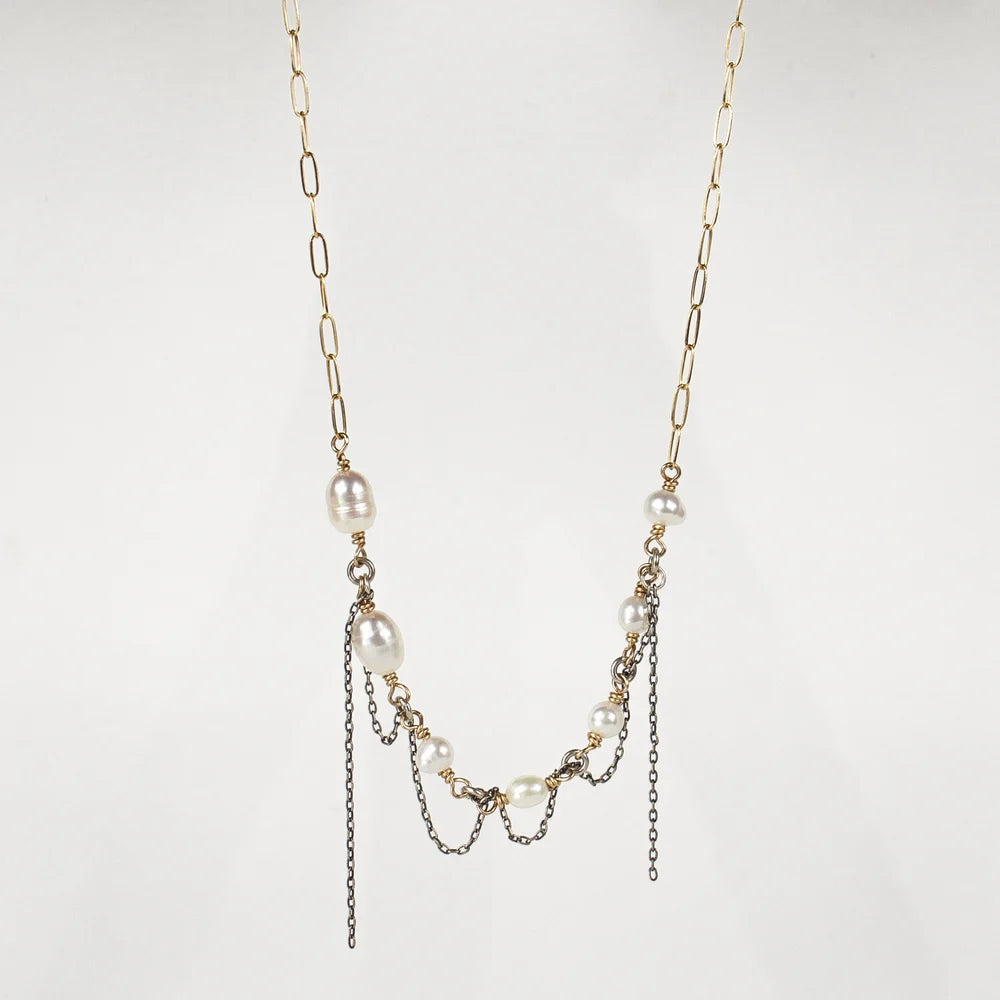 Gold & Silver Threaded Chain Pearl Necklace – Aftur